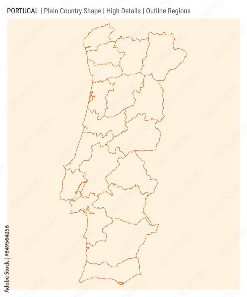 Portugal plain country map. High Details. Outline Regions style. Shape ...