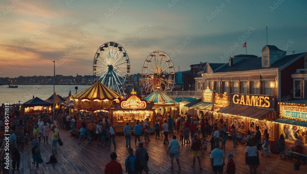 bustling boardwalk with carnival games, street performers, and food ...