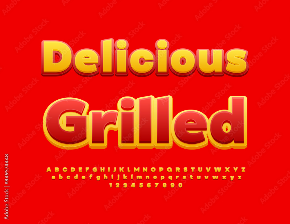 Vector bright advertisement Delicious Grilled. Creative Yellow and Red ...