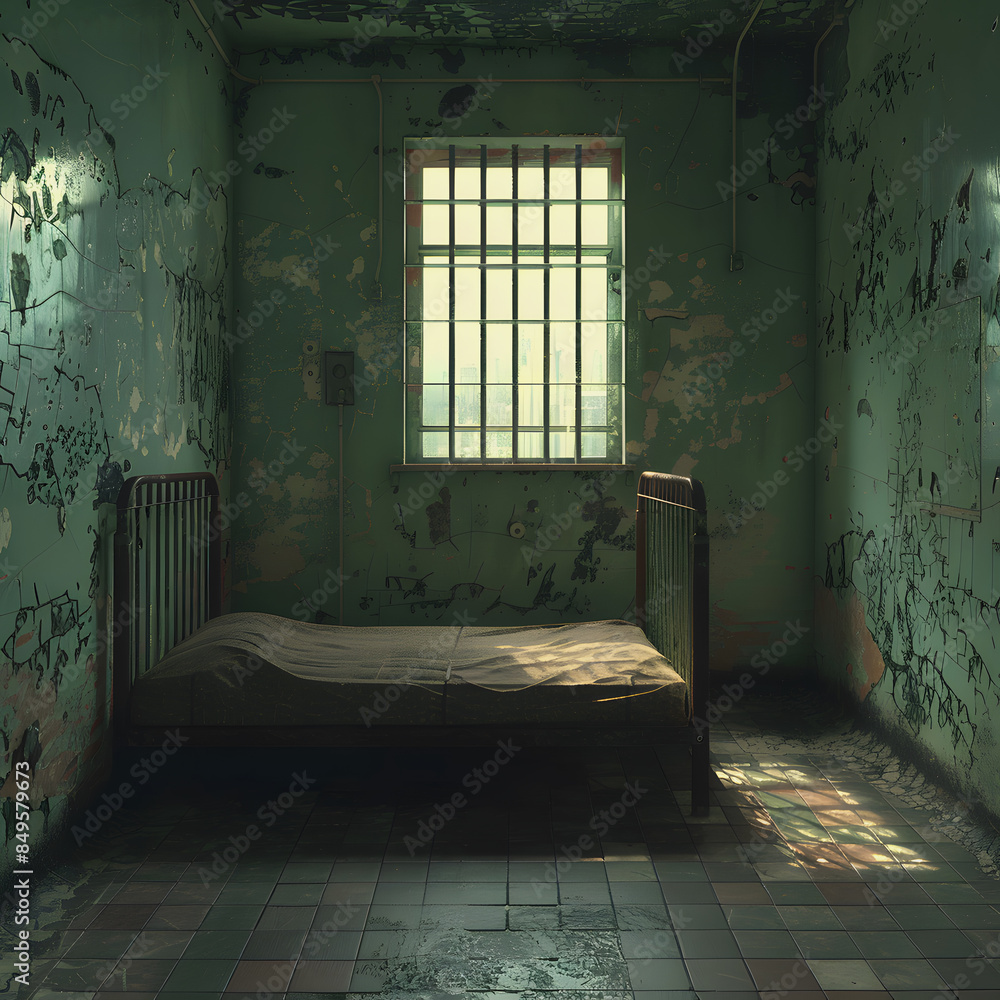 The horrific interior of an old solitary confinement prison cell in a ...