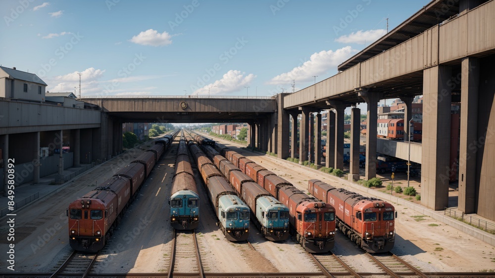 Detailed illustration of an intermodal transportation system with ...
