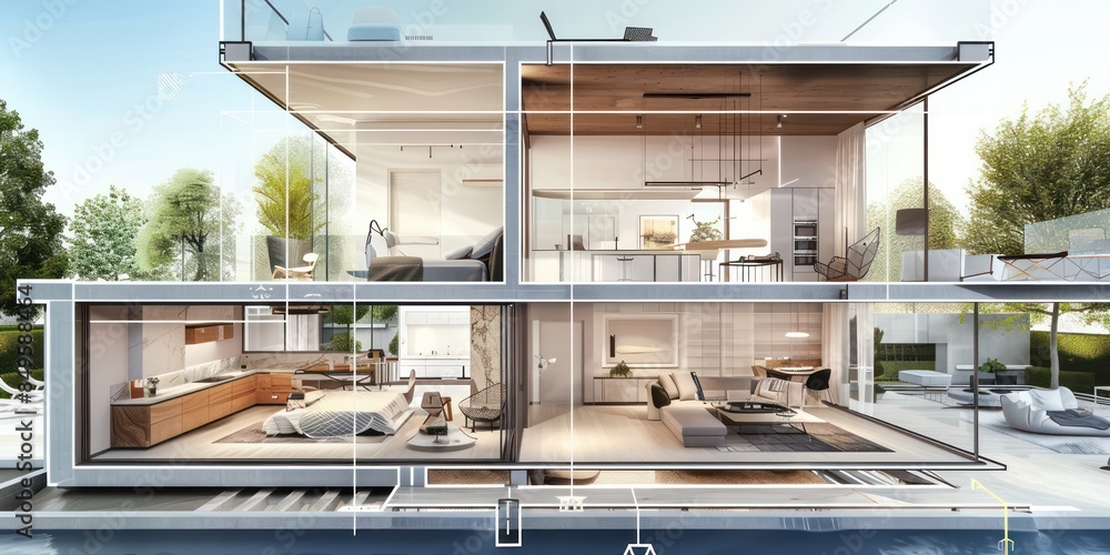 visual chart of various systems on a large modern house Stock ...