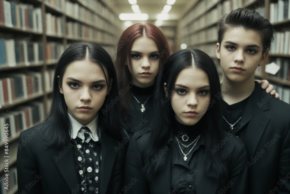 Medium close-up portrait of a teenage Caucasian goth girl with dark ...
