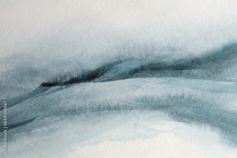 Ink watercolor hand drawn smoke flow stain blot landscape on wet grain ...