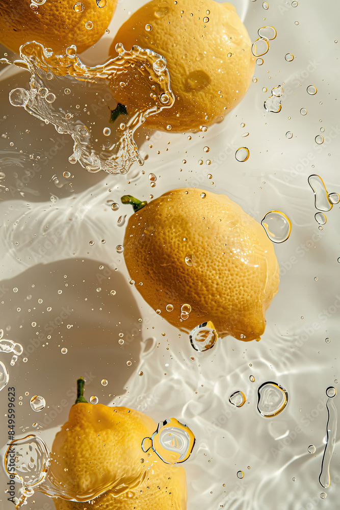Lemons flying in the air on white background with water drop texture ...