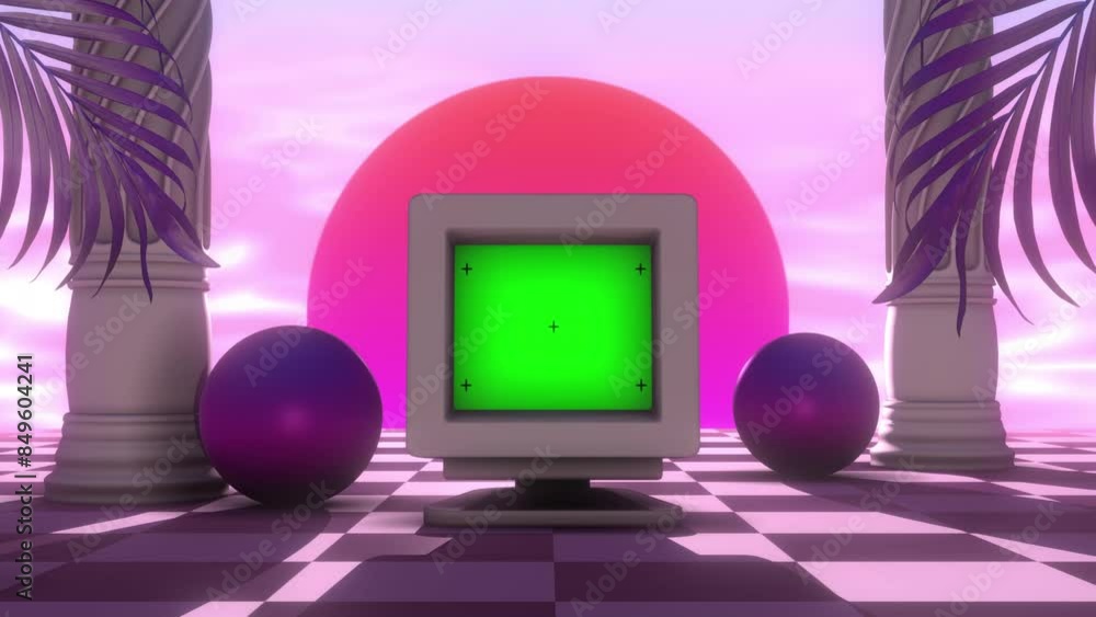 4K Old CRT computer monitor with green screen. Monitor with chromakey ...