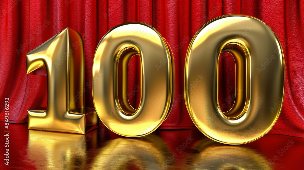 Shiny Golden Number 100 on Red Curtain Background for Celebration Stock ...