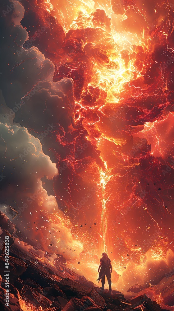 Chango wielding holographic thunderbolts in a surreal volcanic eruption ...