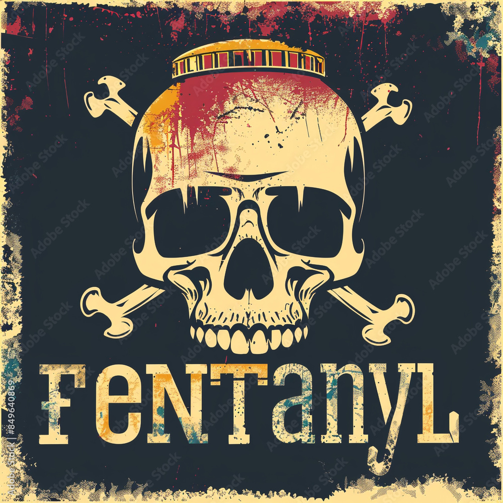 skull and cross bones illustration, depicting the opioid drug fentanyl ...