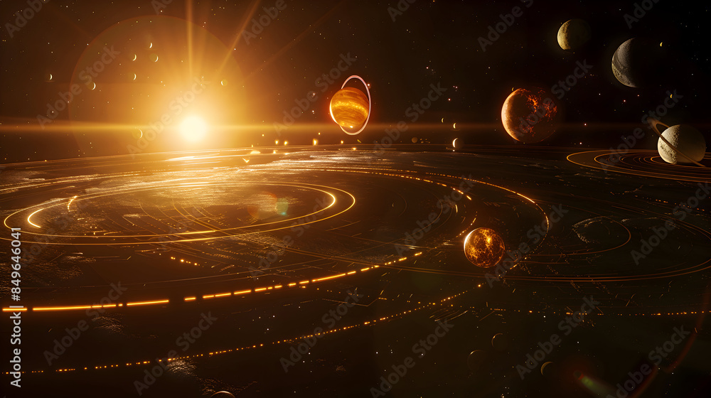 Solar system with planets orbiting around a central star. Physical ...
