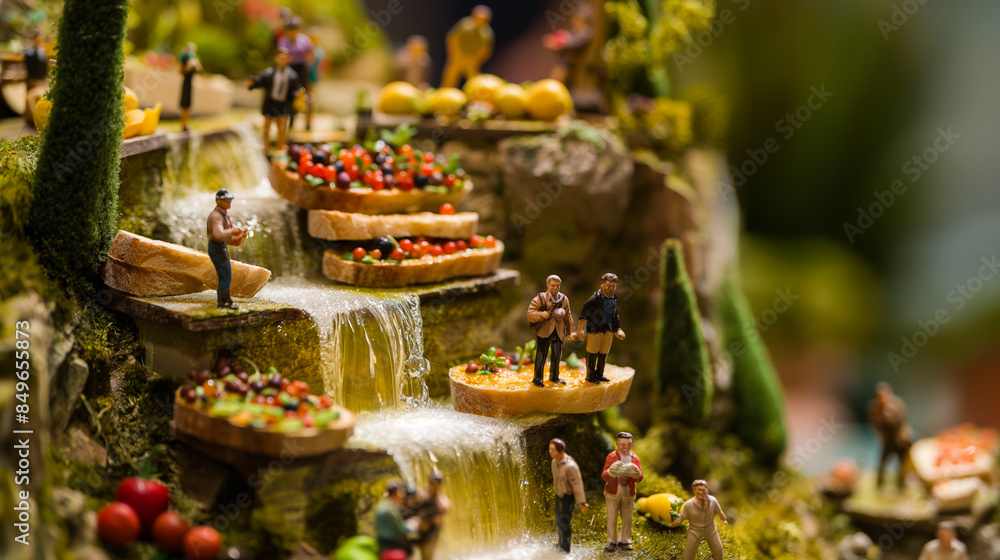 Miniature tourists taking photos beside an olive oil waterfall ...