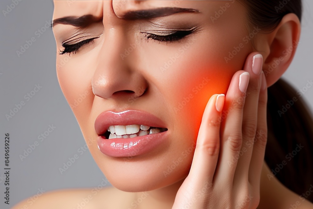 woman pressing her cheek with grimace of acute pain highlighted by red ...