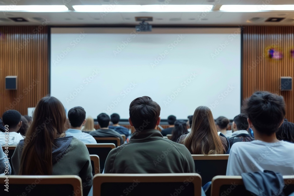 Students attending a lecture in a modern university classroom with ...