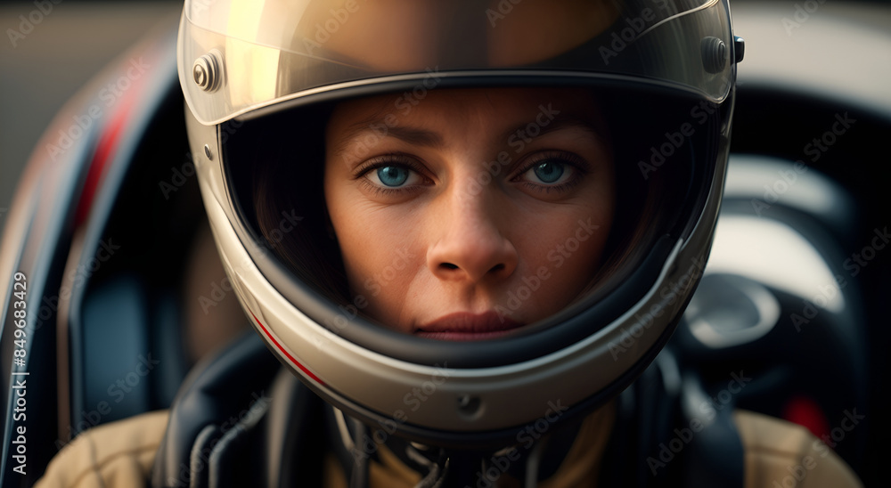 Portrait of a racing car driver with his helmet on looking at the ...