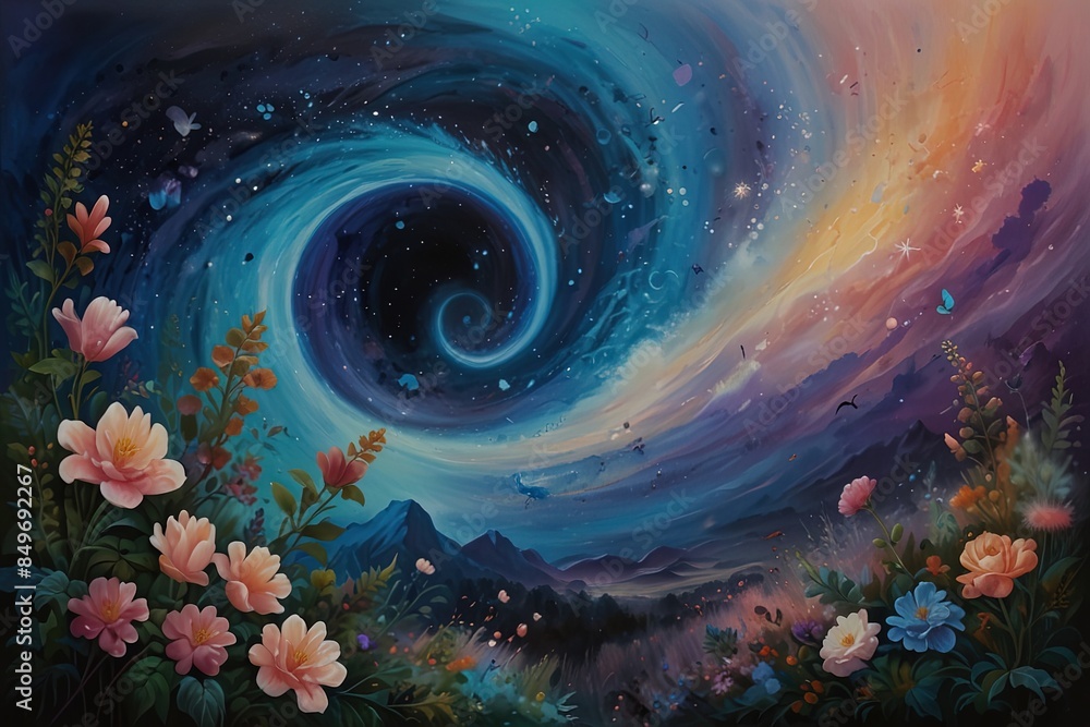 Modern Acrylic Painting Enchanting Celestial Garden Blue Swirl In Night ...