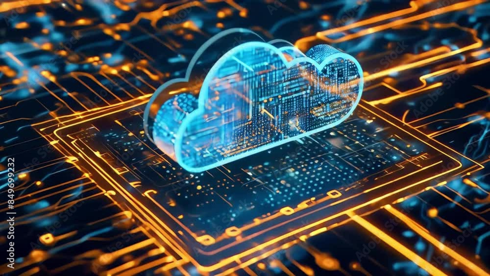 Cloud computing concept with circuit board and microchip. Abstract technology and science ...
