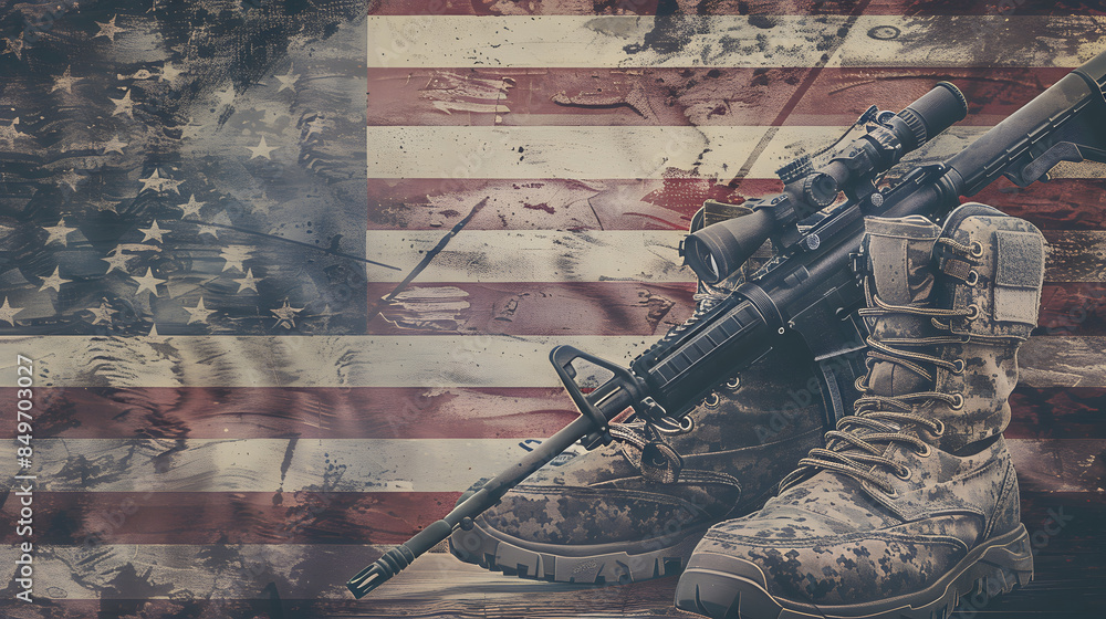 Memorial Day tribute with military boots and rifle, American flag ...
