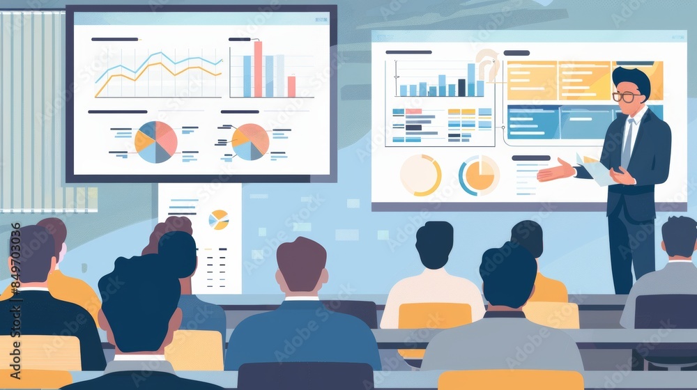 Male coach hold seminar for staff, makes presentation, provides sales ...