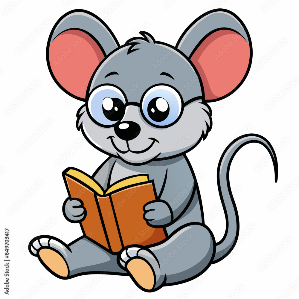 Adorable cubby dairy mouse with glasses, sitting and read the book ...