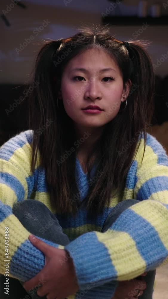 Vertical Portrait Of Serious Young Asian Woman Sitting In Living Room 9155