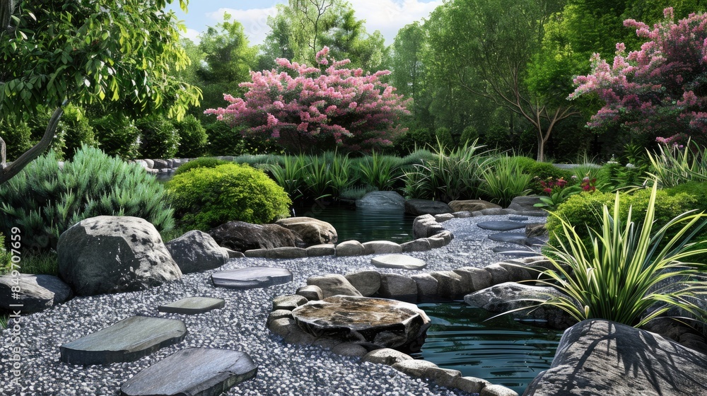 Design of a garden with a pond stone path and rock feature Stock Photo ...
