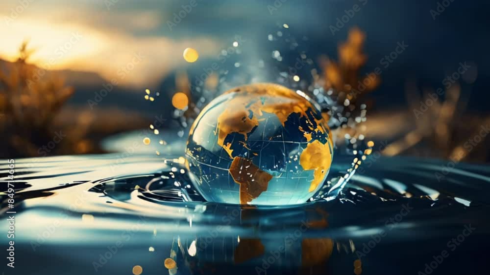 transparent earth globe model rotations on water surface. Water World ...