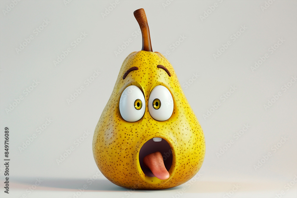 Surprised pear. Funny cartoon yellow pear with fun face on light ...
