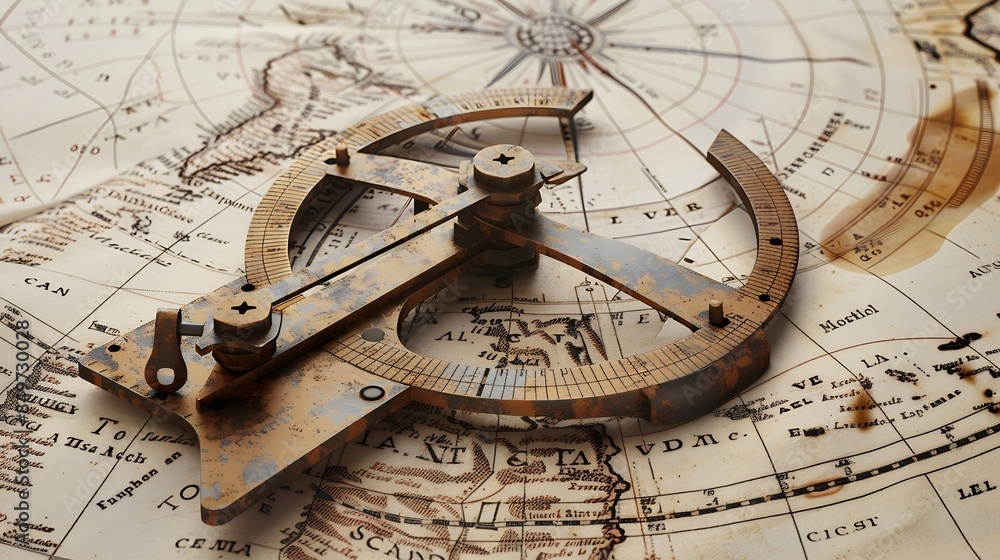 Nautical theme with old obsolete ocean navigation chart protractor and ...
