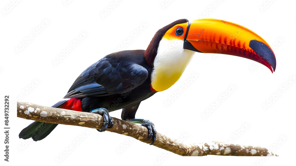 Toco toucan sitting on a branch isolated on a transparent background ...
