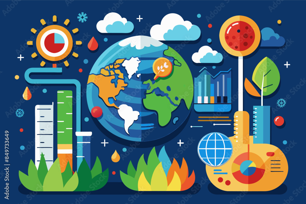 a flat design of a globe surrounded by various icons, An infographic ...