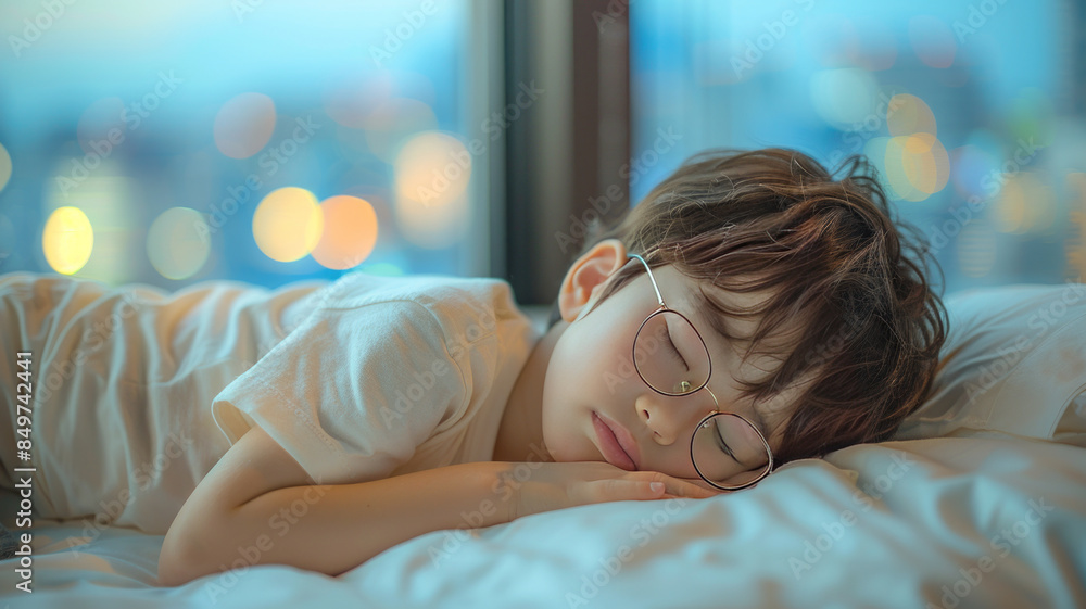 Foto de 3 years old Japanese boy with glasses sleeping on a bed with ...