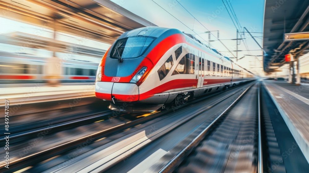 High-speed train in motion on the railway station . Modern intercity ...