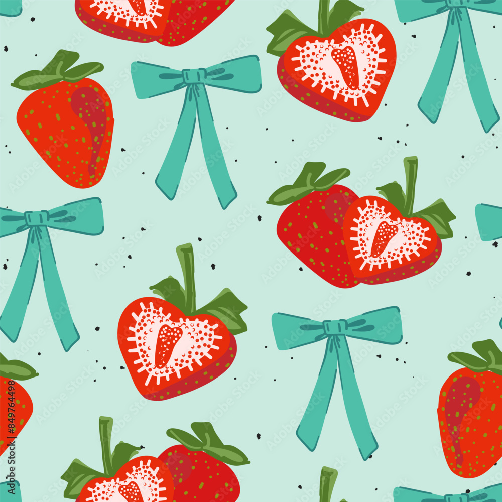 Strawberries and coquette ribbon bow seamless pattern. Sweet strawberry ...