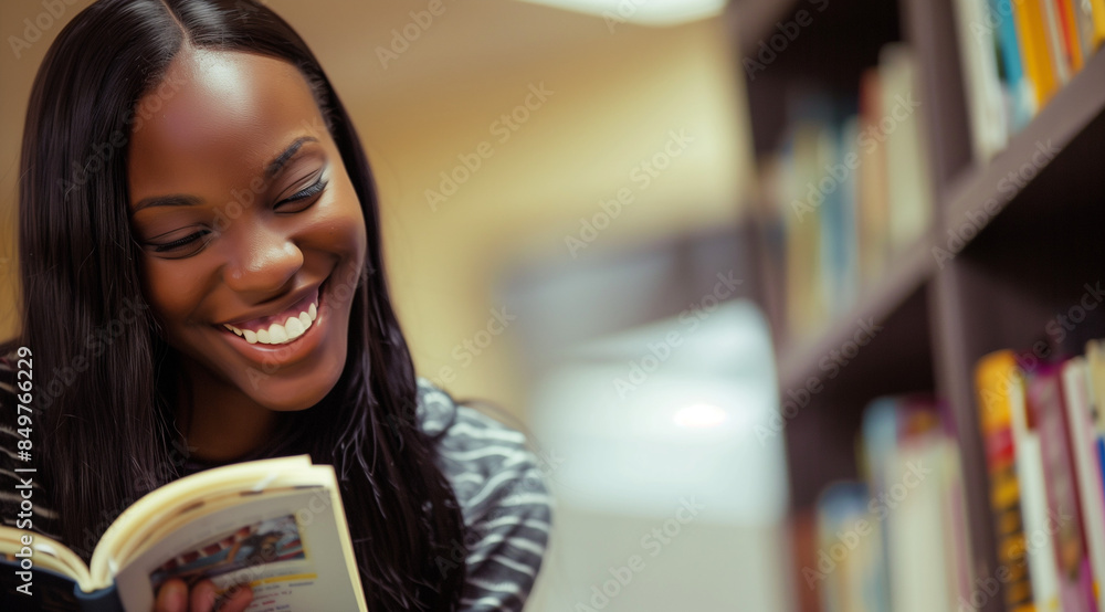 Happy candid african american female university student reading book in ...