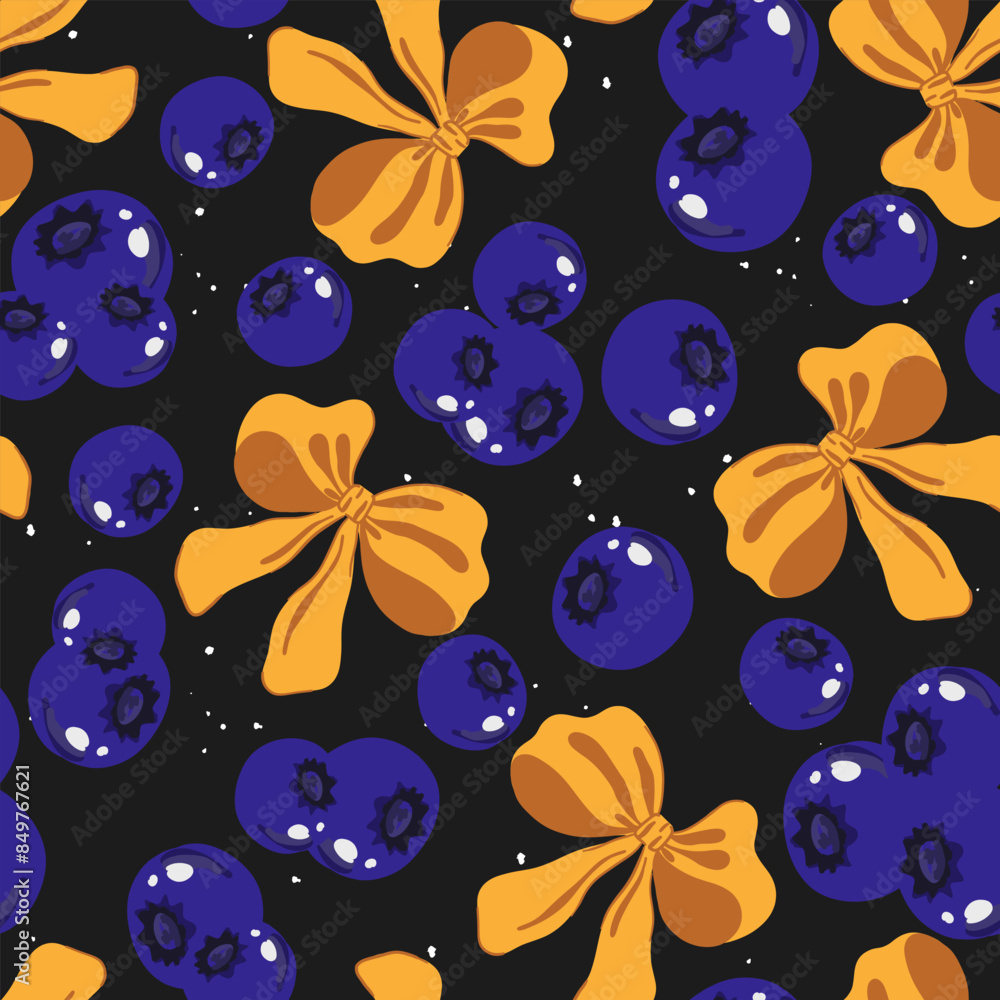 Blueberries and coquette ribbon bow seamless pattern. Sweet blueberry ...