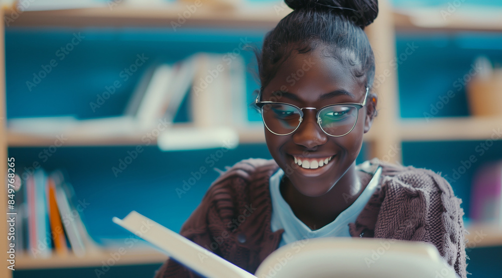Happy candid african american female school student reading book in ...