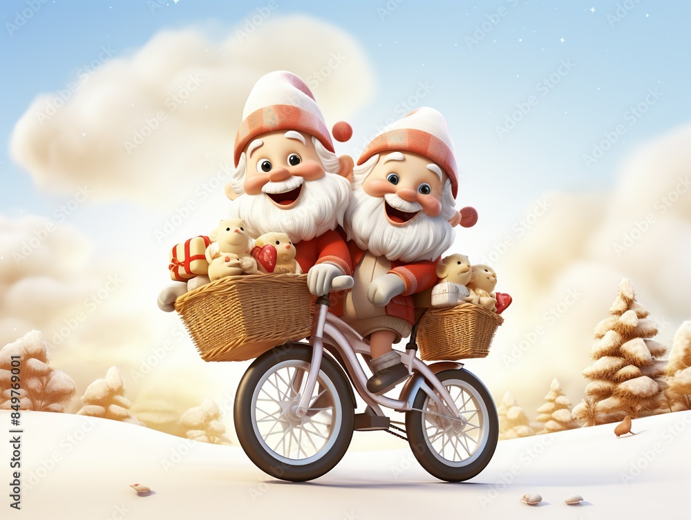 Santa Claus and an elf friend riding a tandem bicycle, with a sack of ...
