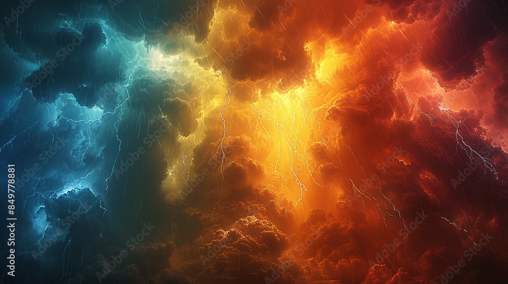 A vivid image of a sky in turmoil, with dark, swirling storm clouds and ...