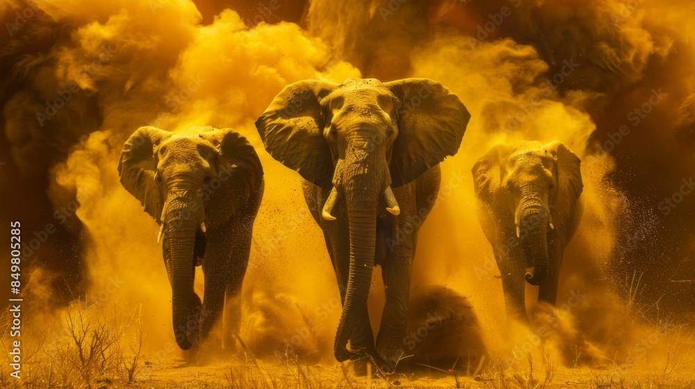 Three elephants running with a dramatic dust cloud behind them in ...