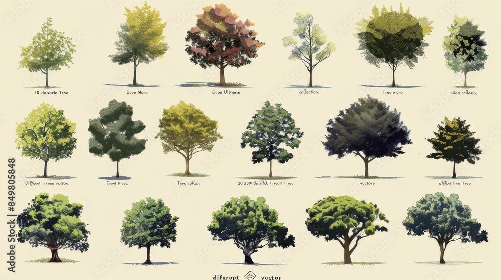 Botanical illustration featuring different species of trees with their ...