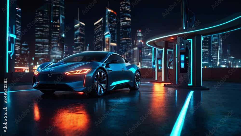 A blue futuristic car is parked in a city at night. The car is sleek ...