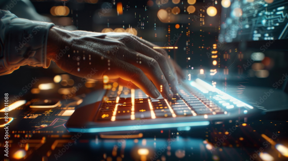 business man tapping computer keyboard, hologram data graph background ...