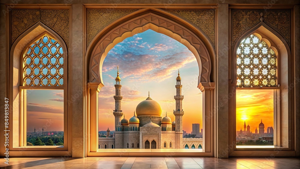 Arched window frame with a mosque in the background , islamic ...