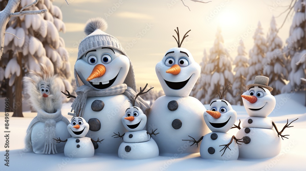 Snowman and friends crafting intricate snow sculptures, their ...