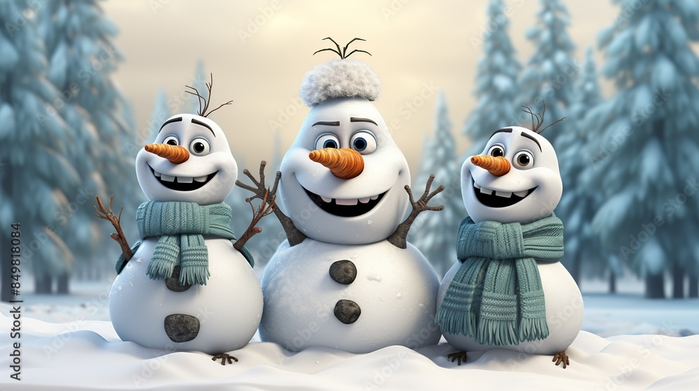 Snowman trio building a towering snow pyramid, their teamwork and ...