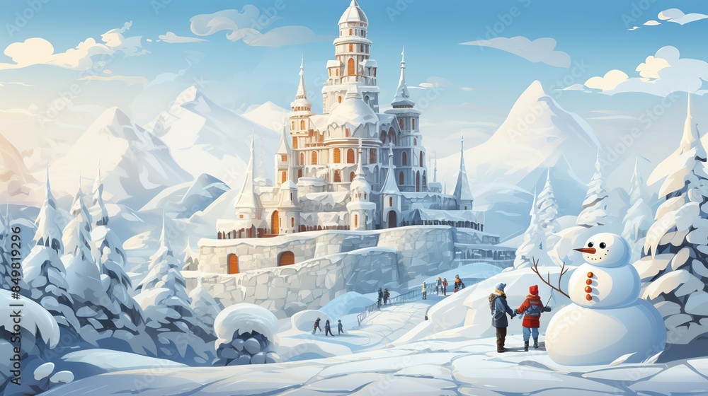 Snowman duo sculpting a majestic snow castle, their imaginations ...