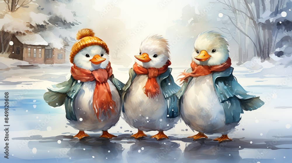 Snowman trio enjoying a leisurely ice skating excursion on a frozen ...