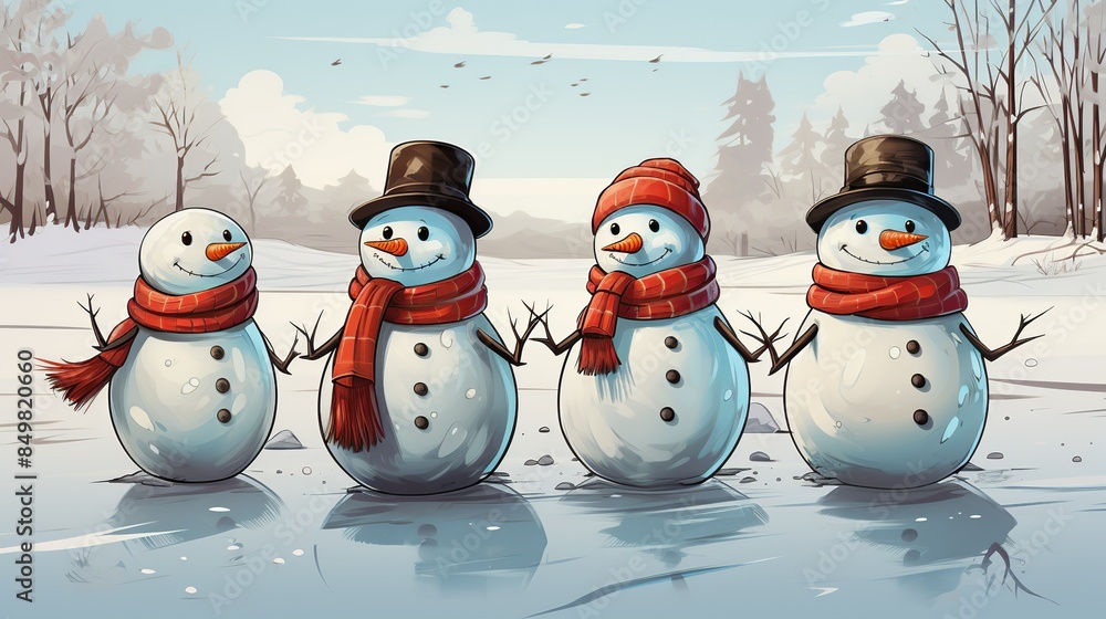 Snowman trio enjoying a leisurely ice skating excursion on a frozen pond, their movements ...