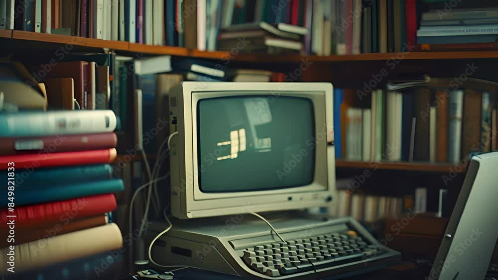Vintage Computer in a Library with Books with Ai generated. Stock Video ...