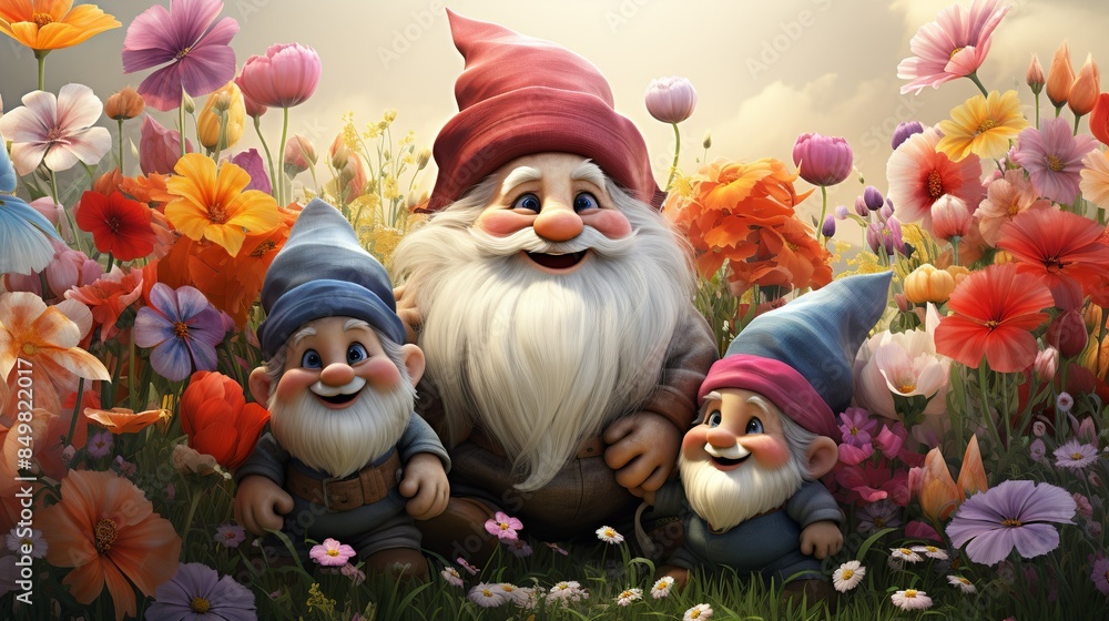 Gnome friends playing a lively game of hide and seek among the colorful ...